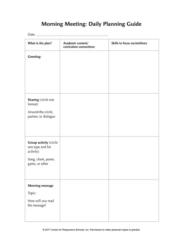 Morning Meeting Daily Planning Guide - Center for Responsive Schools